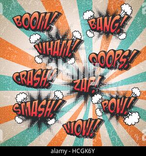 attractive comic sound effect set isolated on colorful comic strip ...