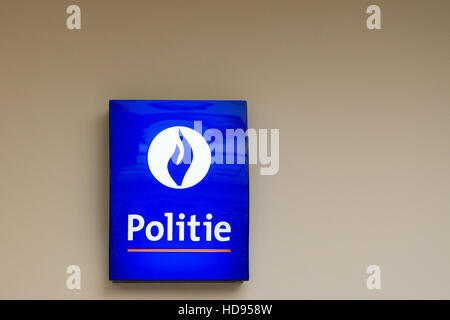 A Belgian Police (Politie) station sign outside a Police station, Mesen ...