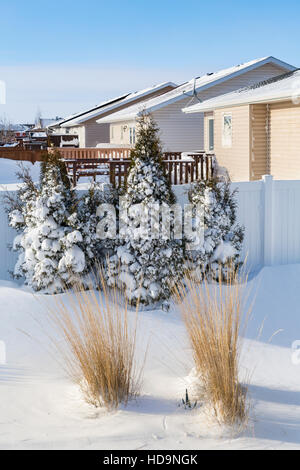 A backyard snow scene after a blizzard in Winkler, Manitoba, Canada ...