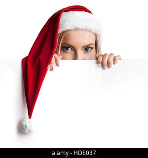 Woman with Santa hat holding red bag on blue background Stock Photo - Alamy