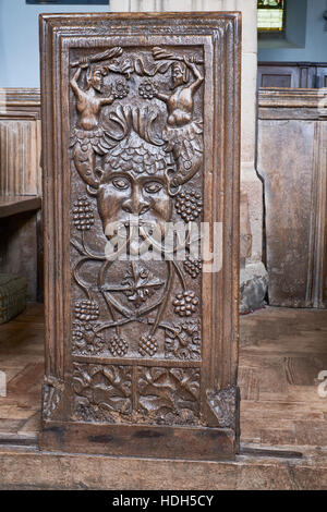 Crowcombe church, Somerset. Wooden 1530s bench end with elaborate ...