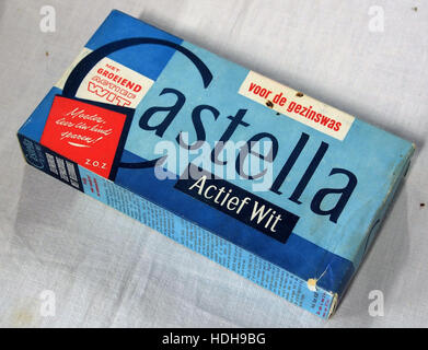 A vintage Castella Actief Wit washing powder tin, used for storing ...