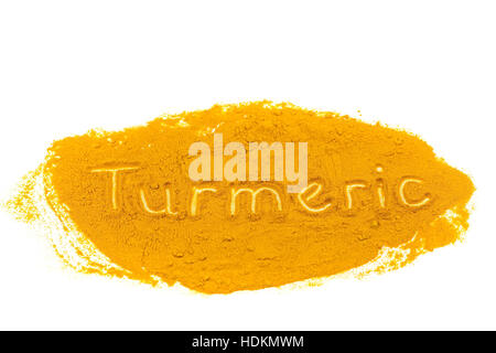 Word Turmeric written in powder isolated on white background Stock ...