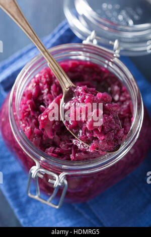 Glass jar of pickled red cabbage with nutritional information per ...