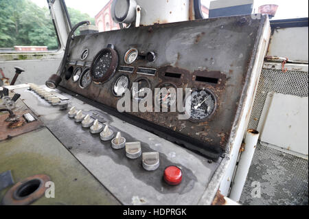 Control panel of an abandoned and derelict diesel shunting engine in a ...