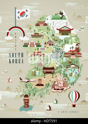 adorable South Korea travel concept design with colorful attractions ...