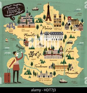 attractive France travel map with attractions in flat design Stock ...