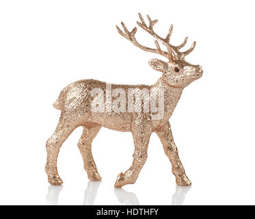 Christmas reindeer in snow with golden snowflakes on light blue ...