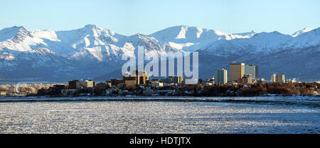 The Anchorage skyline and Chugach Mountains at sunrise as seen from ...