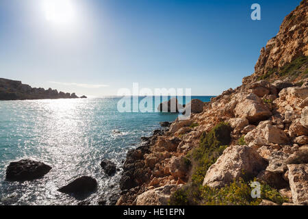 Maltese rocky seascape, island's west side, Riviera Bay, Malta Stock ...
