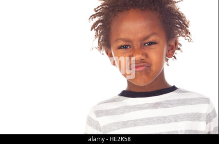 African child putting mean face isolated on white background Stock ...