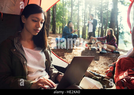 Woman Using Laptop Traveling Destination Camping Concept Stock Photo ...