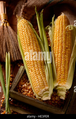 Fresh corn on cobs on wooden table. Close up Stock Photo - Alamy
