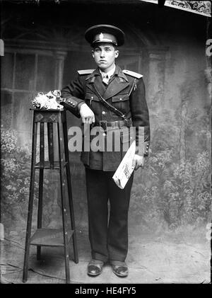 A historic military portrait of a Romanian soldier, taken on planfilm ...
