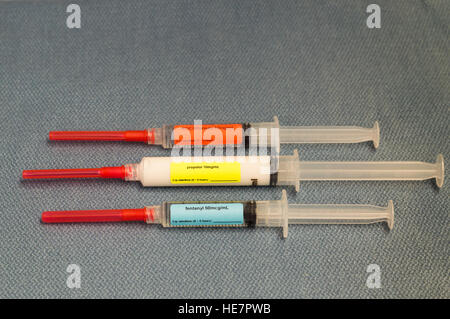 Three syringes with sedatives for anesthesia, propofol, fentanyl and ...