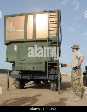 The MSN-7 mobile air traffic control tower is deployed from a Humvee ...