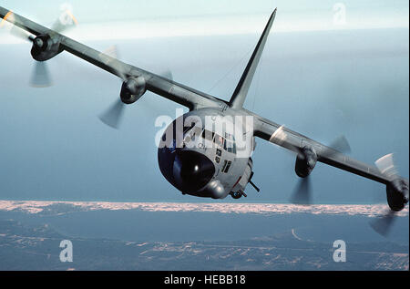 An air-to-air front view of a 919th Special Operations Group AC-130 ...