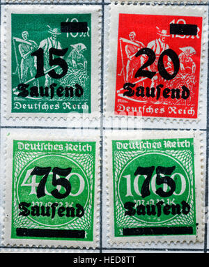 Old inflation stamps from Germany, 1923; Alte, überstempelte ...