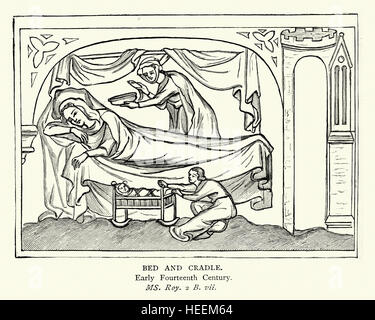 Childbirth. Medieval illustration of a woman giving birth to a child ...
