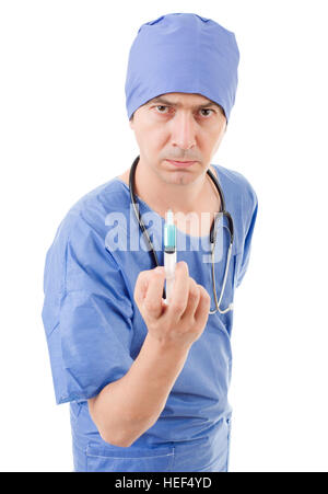 mad doctor with a syringe isolated over white background Stock Photo ...