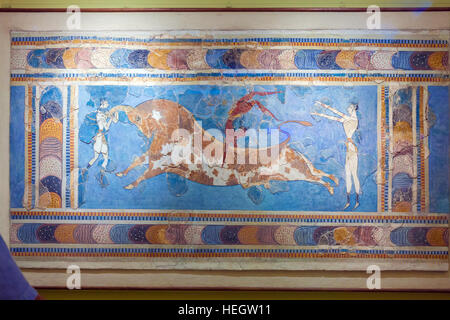The Bull-leaping fresco from the Minoan Palace of Knossos, in the ...