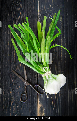 Fresh spring onions and old scissors on a black wooden background Stock ...