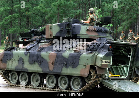 A rear view of an M-2 Bradley infantry fighting vehicle, operated by ...