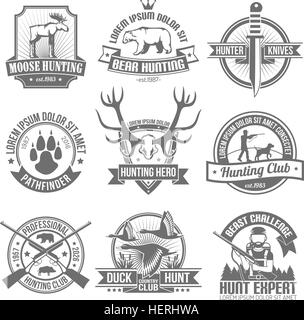 Black hunting emblems set with club ribbons and images hunter knife ...
