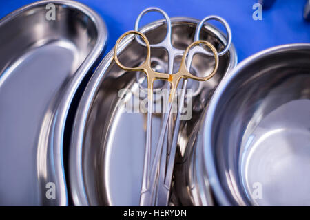 Various surgical tools kept on a table in operation theater at hospital ...