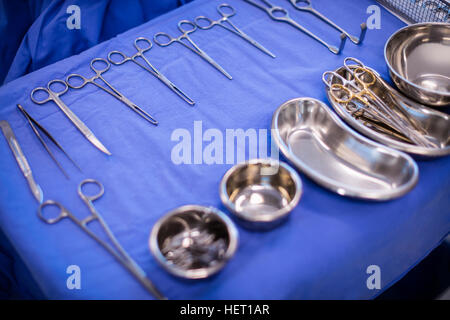 Various surgical tools kept on a table in operation theater at hospital ...
