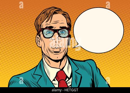 Vintage Pop Art Man talking with open mouth with Pointing Hand and ...