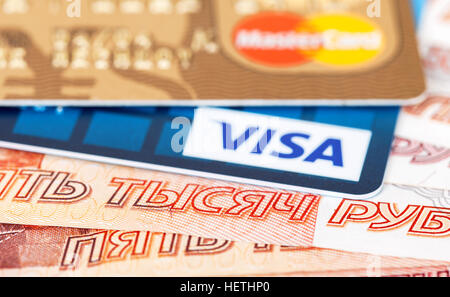 VISA and Mastercard Debit Card with russian rubles Stock Photo - Alamy