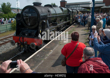 The Royal train hauled by a steam engine stands in Llanfair PG station ...