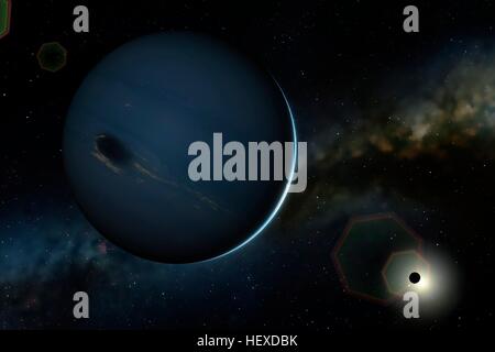 Illustration of the gas giant Neptune as seen from the surface of its ...