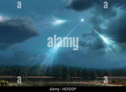 Cosmic rays.Artwork of high-energy particles radiation from star in ...
