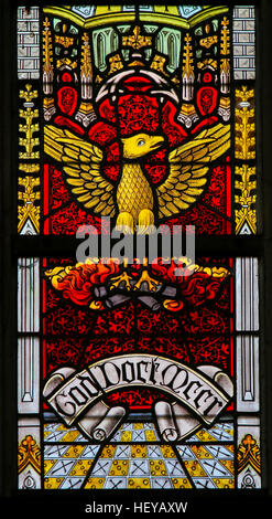 Stained Glass window depicting a Phoenix rising from the Ashes, in the ...