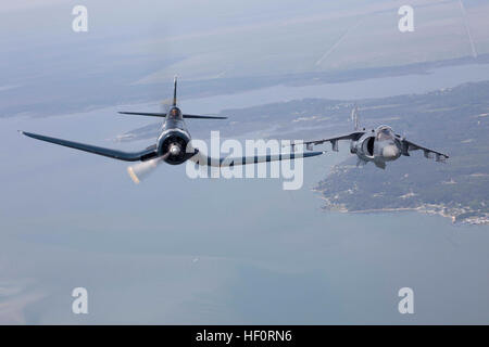 An F4U Corsair and AV-8 Harrier perform a legacy flight at the MCAS ...