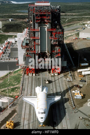 An overhead view of the space shuttle Enterprise moving toward the ...