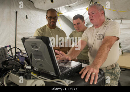 An RF transmission superintendent with the 283rd Combat Communications ...