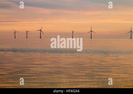 England, Whitstable. Distant Greater Gabbard wind farm, part of the ...