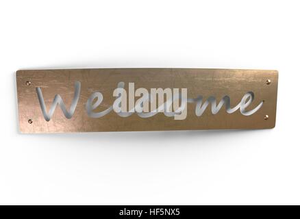 Welcome sign metal copper plate isolated on white 3d illustration Stock ...