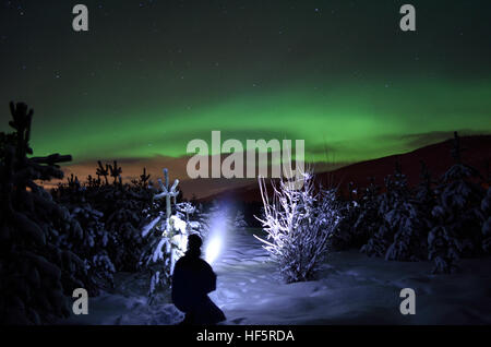 person pointing flashlight beam towards aurora borealis on winter night ...