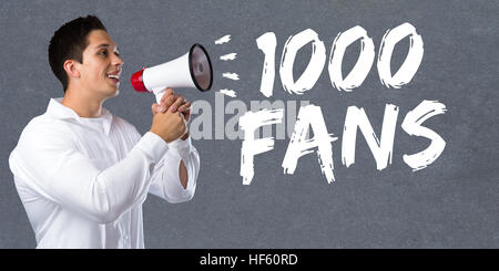 Young person with megaphone and social networking icon Stock Photo - Alamy