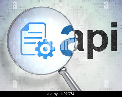 Database concept: Gear with optical glass on digital background Stock Photo - Alamy