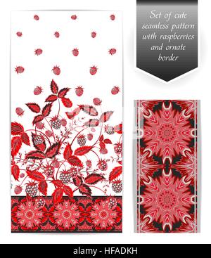 Set of raspberry seamless pattern and border (tape). Blue summer vector ...
