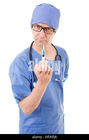 mad doctor with a syringe isolated over white background Stock Photo ...