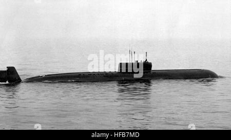 A starboard beam view of a Soviet Papa class nuclear-powered cruise ...