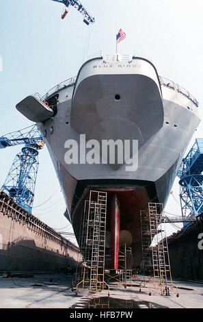 A stern view of the amphibious command ship USS BLUE RIDGE (LCC-19) in ...