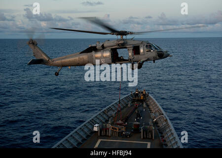 An SH-60 Sea Hawk from HS-14 hovers over USS Kitty Hawk (CV 63) flight ...