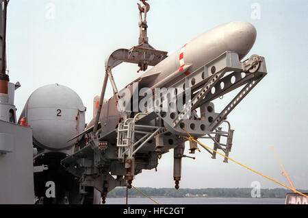 A P-15 SS-N-2c Styx SSM is unloaded from the No. 4 missile tube aboard ...